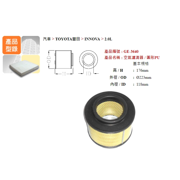 油大大 附發票 飛鹿 空氣芯 TOYATA INNOVA 空氣濾芯 空氣心 GE-3640 | 蝦皮購物