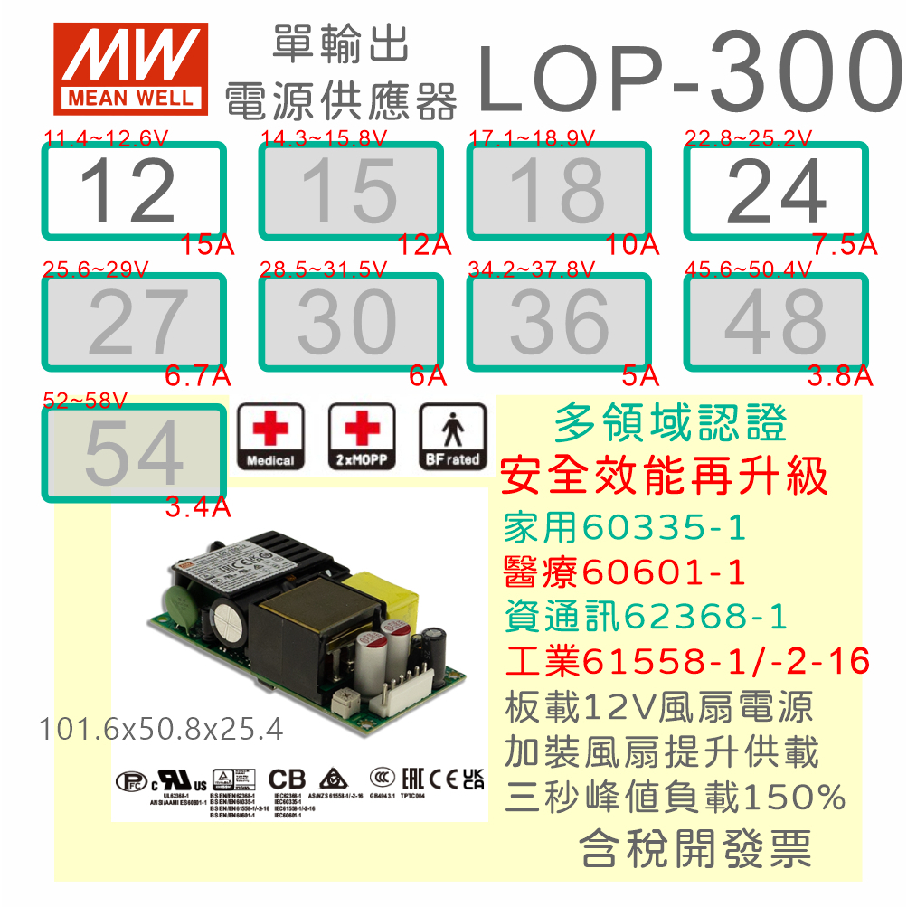 【保固附發票】MW 明緯 300W PFC PCB電源 LOP-300-12 12V 24 24V 變壓器 模組 主板 | 蝦皮購物