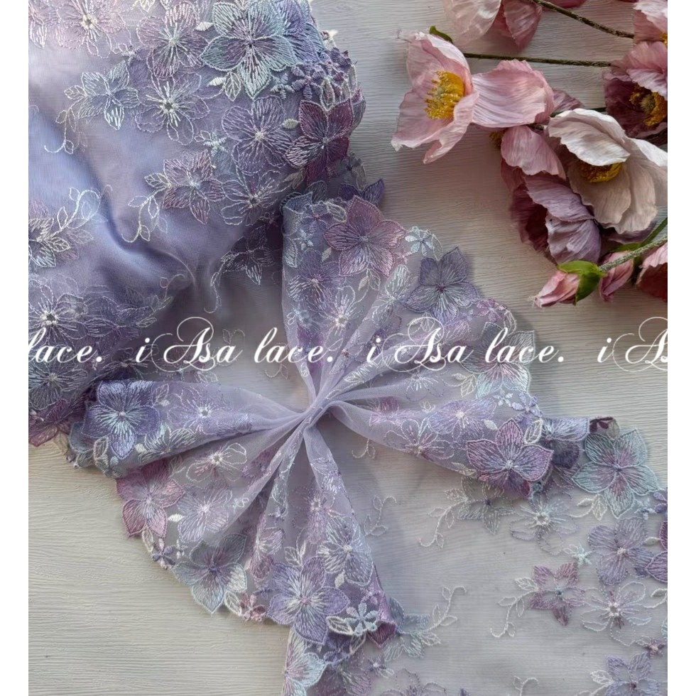 《iAsa愛莎の》手作材料 18~23cm單/雙邊網紗刺繡花朵彩繡粉紫色蕾絲花邊DIY拼布服裝輔料 | 蝦皮購物