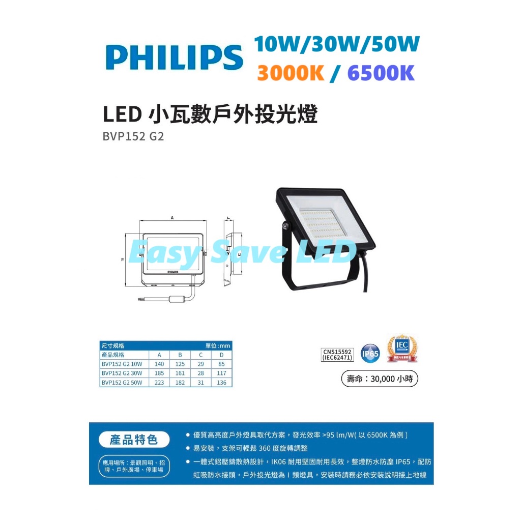 含稅 PHILIPS 飛利浦 小瓦數戶外投光燈 IP65 BVP152 10W/30W/50W (黃光/白光) 全電壓 | 蝦皮購物