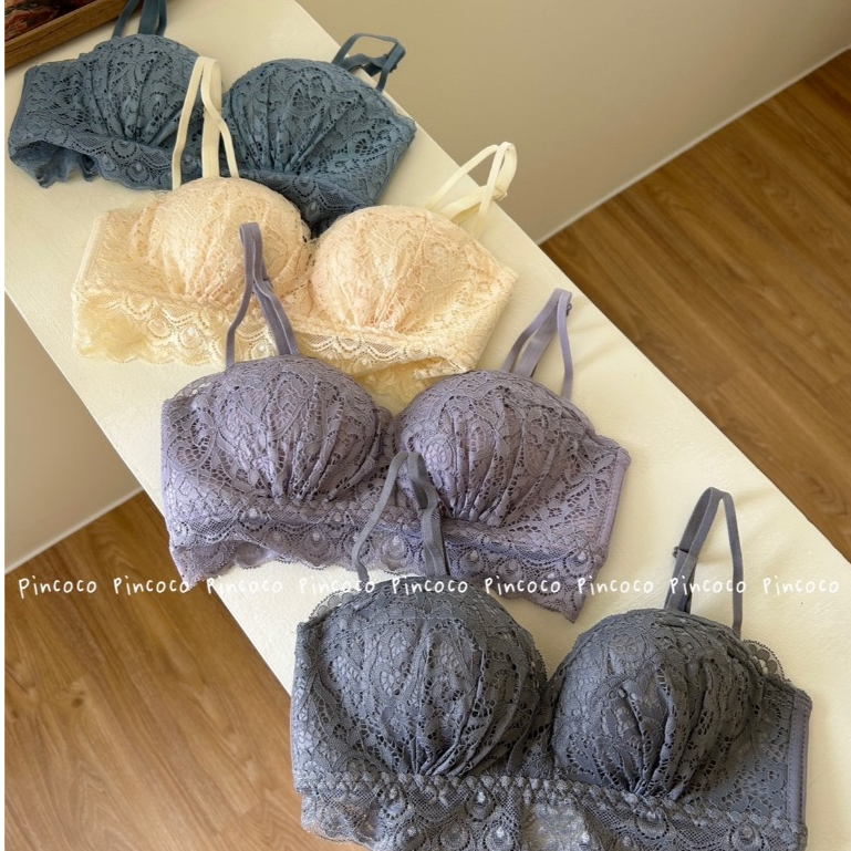 Pincoco 台灣出貨 現貨+預購 罩杯激升款 法式簡約蕾絲1/2杯無鋼圈內衣+內褲組 BAT022F | 蝦皮購物