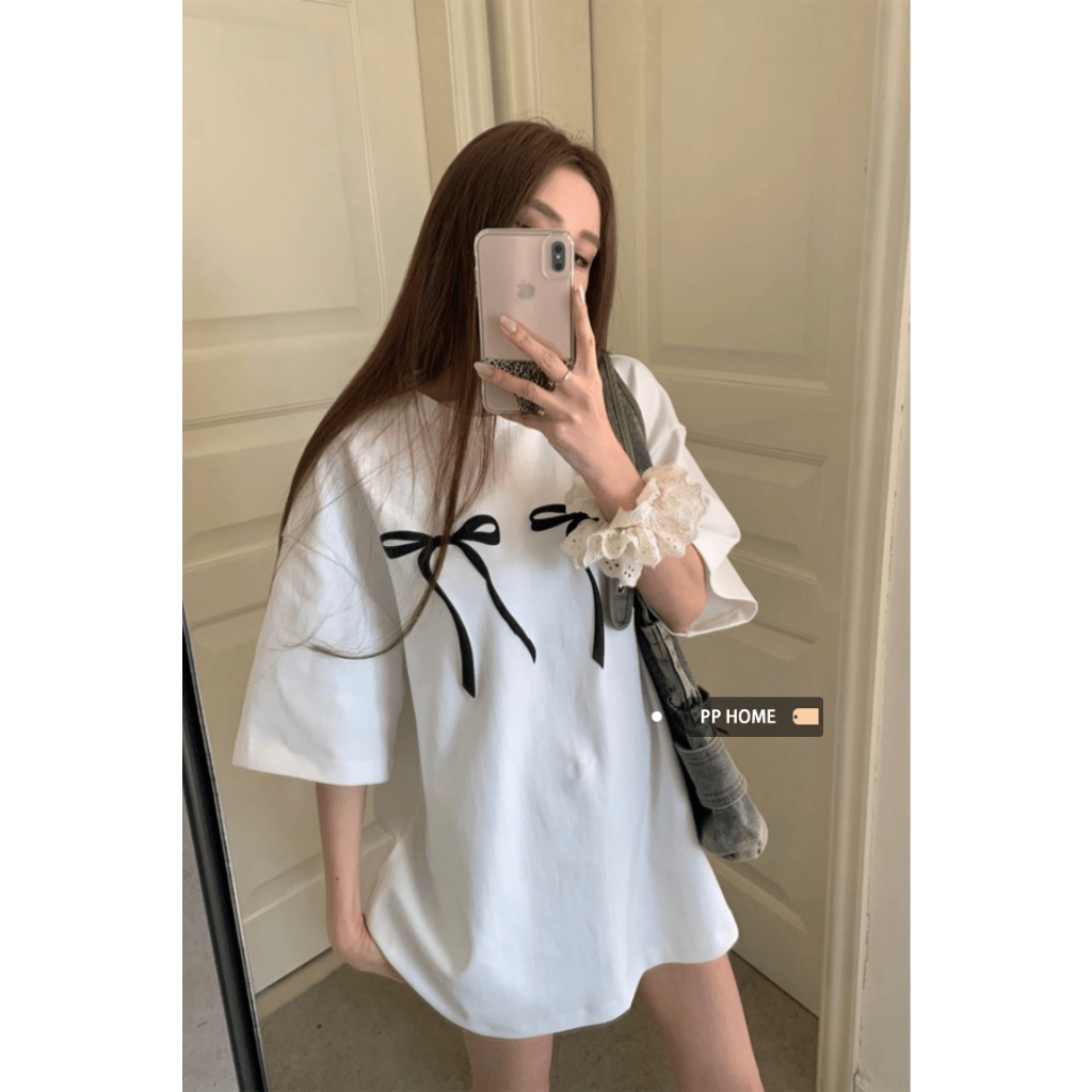 版型真的很好看！短袖上衣 白色上衣 蝴蝶結t恤 寬鬆上衣 國中生衣服 夏季女裝 韓版衣服 純欲上衣 修身上衣 短板衣服 蝦皮購物