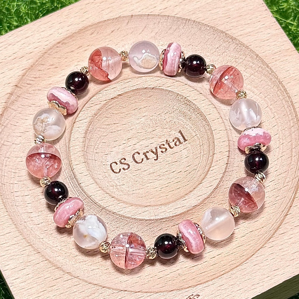 CS Crystal 編號699 - 橘紅膠花水晶+紅紋石+櫻花瑪瑙+紅石榴石設計款 | 蝦皮購物