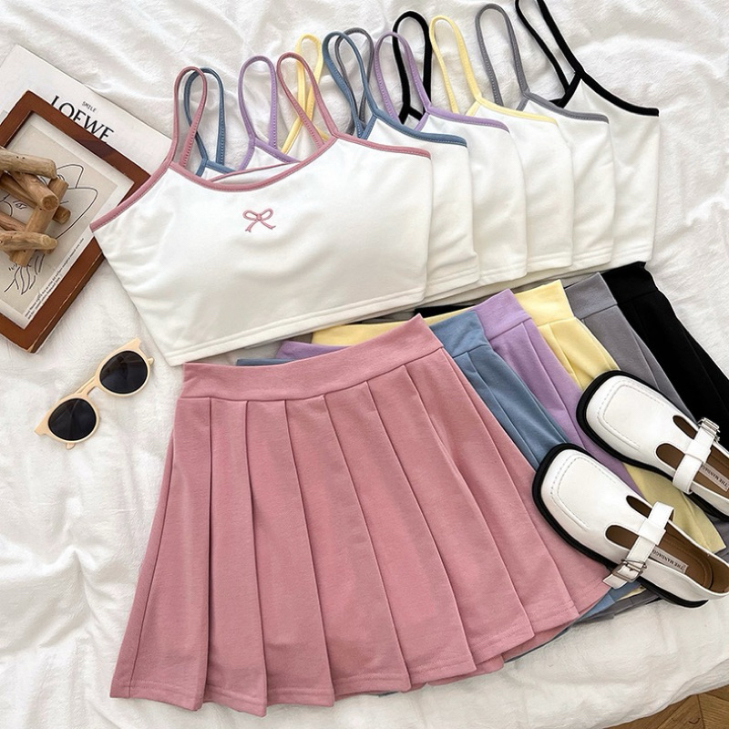 【Y.LLL】｜現貨出清｜滾邊撞色蝴蝶結罩杯背心小可愛+百褶短褲裙set 兩件式套裝 | 蝦皮購物