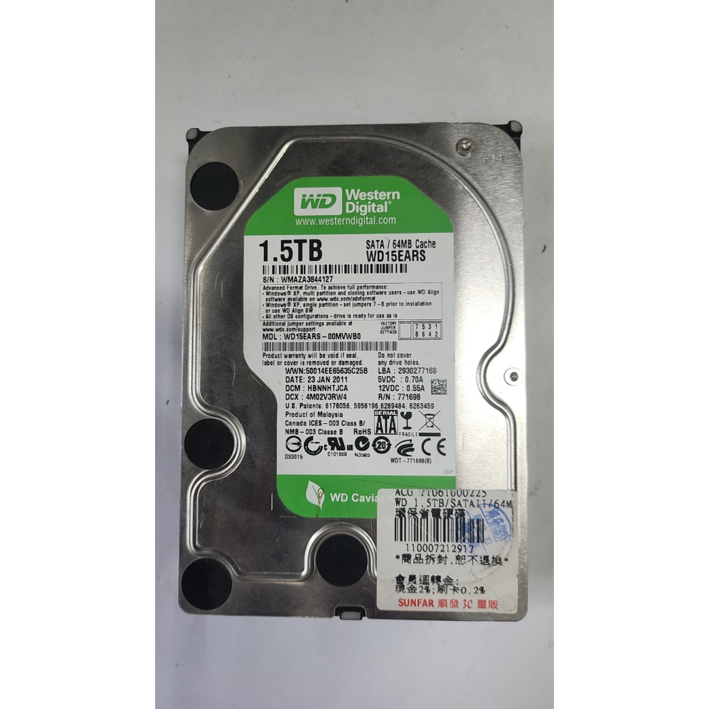 含稅 WD 3.5吋 SATA 1.5TB 1.5T 保1個月 WD15EARS 08H015 | 蝦皮購物
