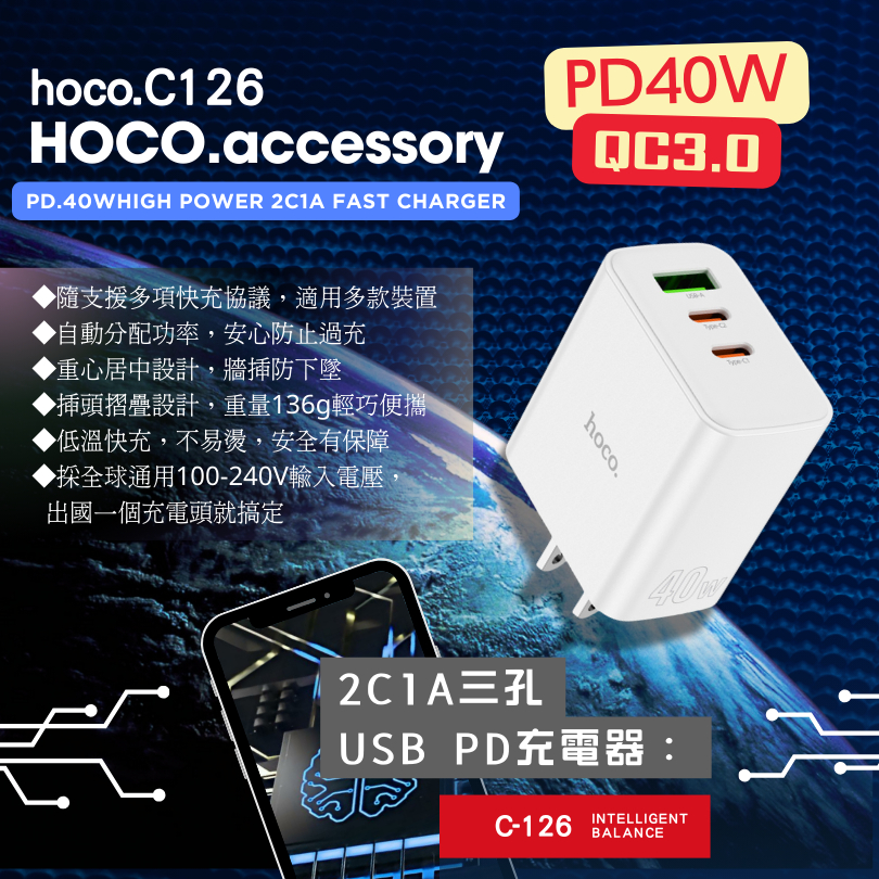 hoco.C126 三孔 PD40W 2C1A QC3.0 PD 充電器 2Type-C+1USB-A 手機平板適用 | 蝦皮購物