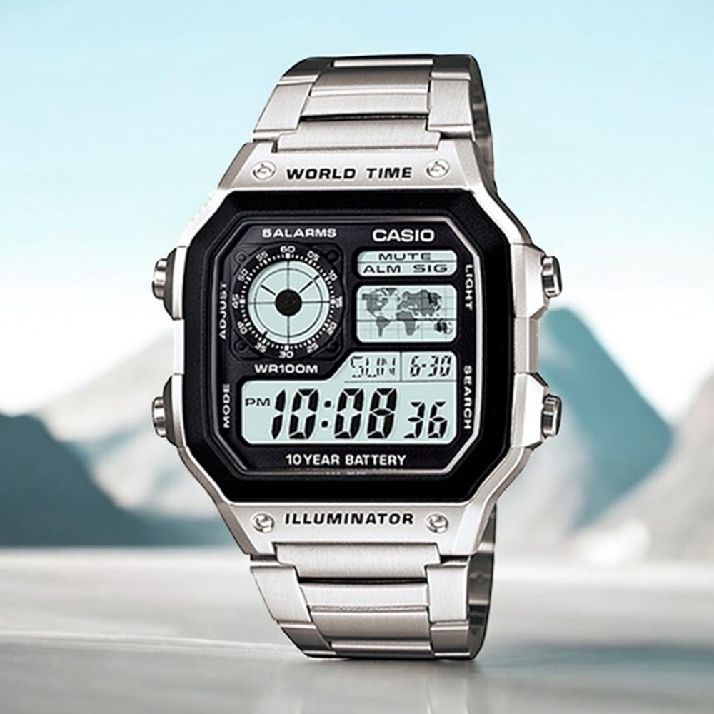CASIO (AE-1200WHD-1A) 世界地圖顯示 休閒商務 不鏽鋼運動電子錶 | 蝦皮購物