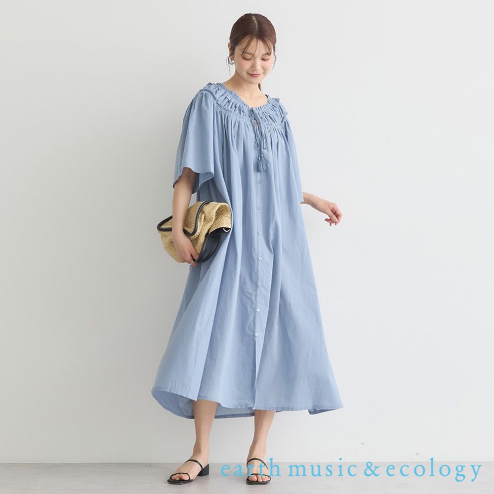 earth music&ecology 流蘇摺邊領純棉寬袖開襟連身洋裝(01000896000) | 蝦皮購物