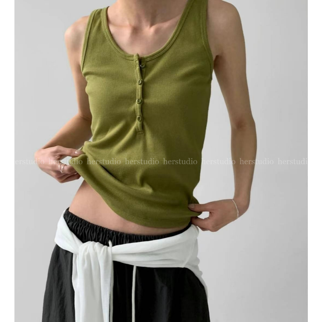 HERStudio韓國代購 亨利領半釦羅紋背心(6col) | 蝦皮購物