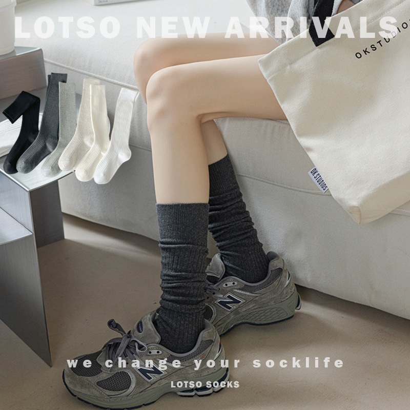 LOTSO SOCKS 日系純色可拉可堆兩穿及膝襪 顯瘦堆堆襪 加寬襪口 質感直條女襪 襪子 穿搭 #LM141 | 蝦皮購物