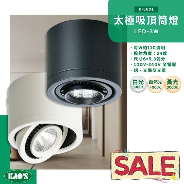 【阿倫旗艦店】(SAK5-5601)LED-3W吸頂式小筒燈 鋁製品+光學反光罩 發光角度24度 全電壓 另有高瓦數 | 蝦皮購物
