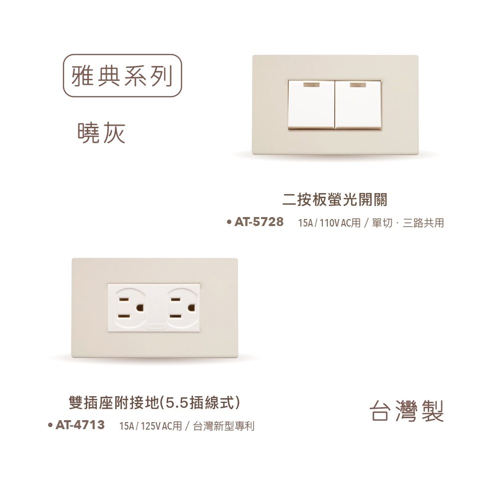 【樹榮電工SUZONE】雅典系列_曉灰～二按板螢光開關*1組+雙插座附接地*1組/台灣製造 | 蝦皮購物
