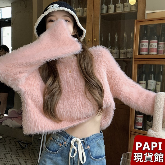 韓國水貂毛短版上衣【4026】PAPI女裝批發價秋冬新款韓系INS修身顯瘦氣質純欲圓領長袖針織毛衣 針織上衣 | 蝦皮購物