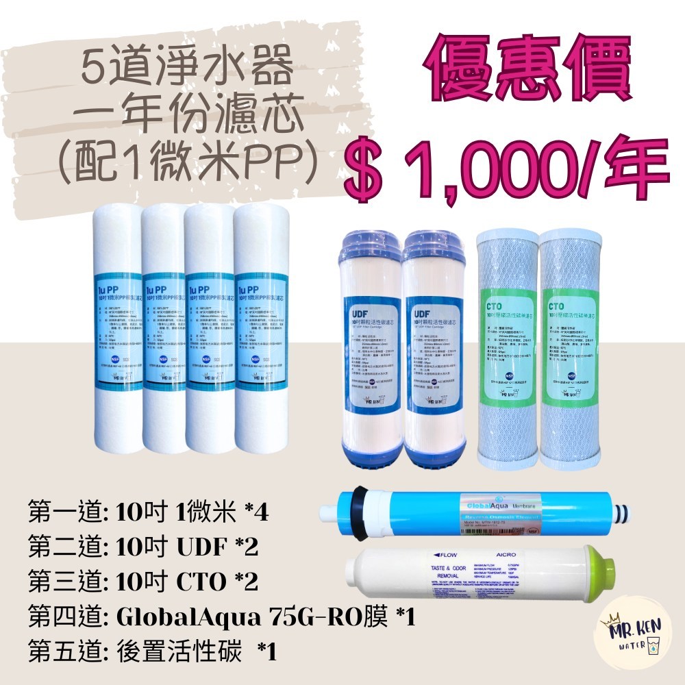 【MR. KEN WATER】10吋5道RO機一年份保養濾芯 (1PP+CTO+UDF+75G-RO膜+後置活性碳) | 蝦皮購物