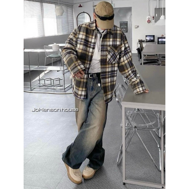 【JoHenson】水洗落地闊腿牛仔褲 寬鬆 韓系 美式 復古 做舊 | 蝦皮購物