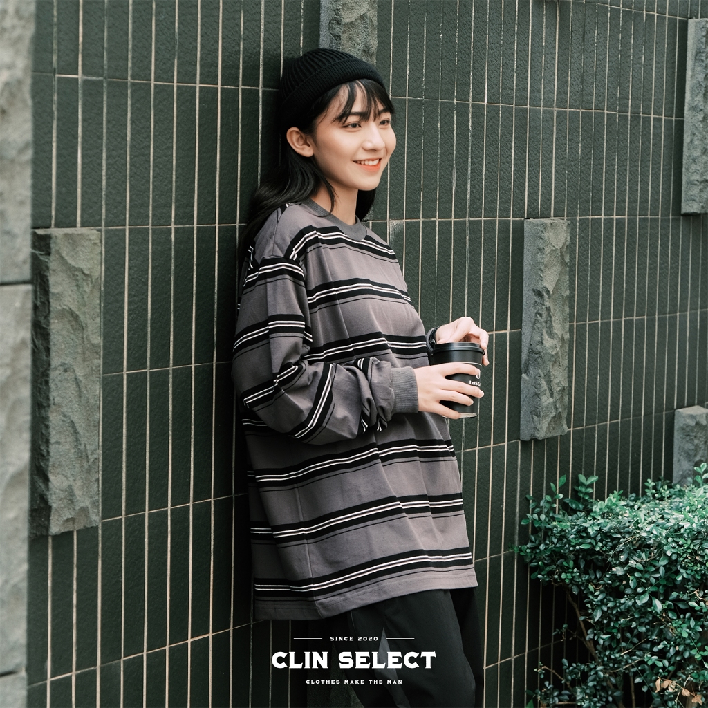 西林｜CLIN MADE｜復古條紋長袖T恤_兩色/ CM-003 230g 寬鬆 棉質 長袖Tee T恤 撞色 深灰 | 蝦皮購物