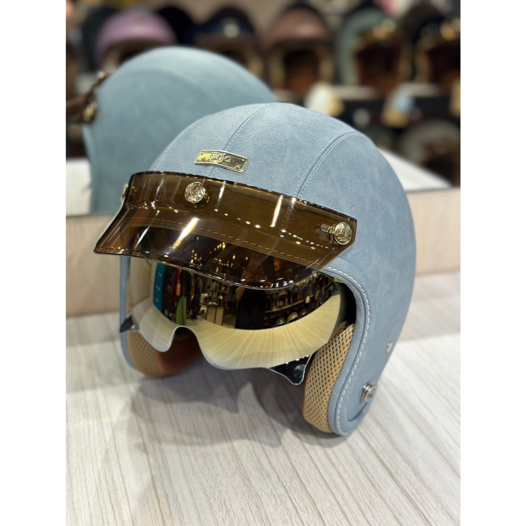 華泰 K-806 K-806S NINJA 皮匠手作 皮革 墨鏡騎士帽 安全帽 齒排扣 復古帽 質感藍 | 蝦皮購物