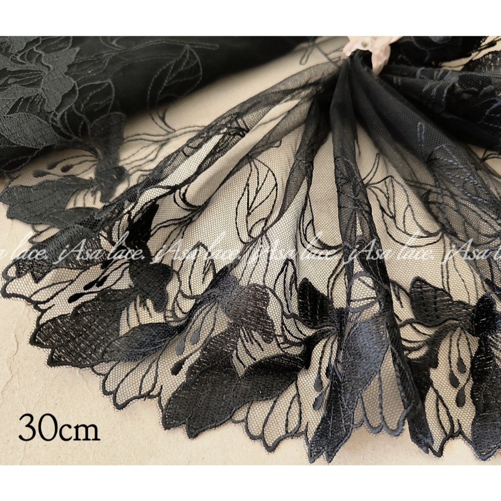《iAsa愛莎の》手作材料 (可剪開對半用)雙邊網紗黑色刺繡花邊lolita手作裙擺拼接加寬輔料 | 蝦皮購物