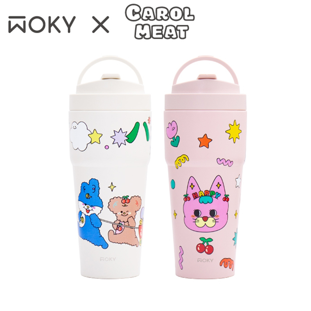 【WOKY X Carol Meat】聯名雙層陶瓷渾圓杯750ml (附矽膠吸管) 2入組加贈Carol Meat聯名貼 | 蝦皮購物