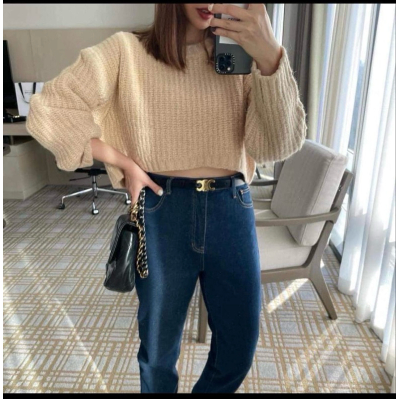 Sammy 三米 - 米杏卡其色短版粗針織上衣毛衣 | 蝦皮購物