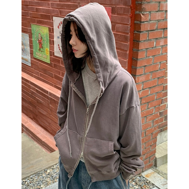 -UNCOVER-「部分現貨」🇰🇷Pigment Zip-Up 水洗 褪色感 落肩 連帽外套（5color） | 蝦皮購物