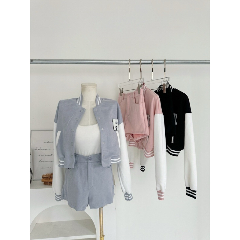 【Y.LLL】｜現貨｜麂皮拼接短版棒球外套+高腰短褲set 兩件式套裝 | 蝦皮購物