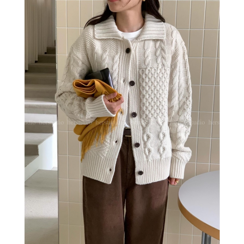 HERStudio韓國代購 推薦款!!細節麻花翻領羊毛外套(2col) | 蝦皮購物