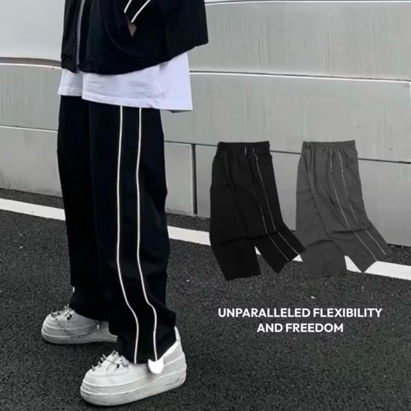 【BASIC】24H出貨｜韓國 雙細線 線條 下擺抽繩 風褲 Y2K 尼龍 雙線 尼龍 運動風 寬鬆 運動褲 落地 | 蝦皮購物