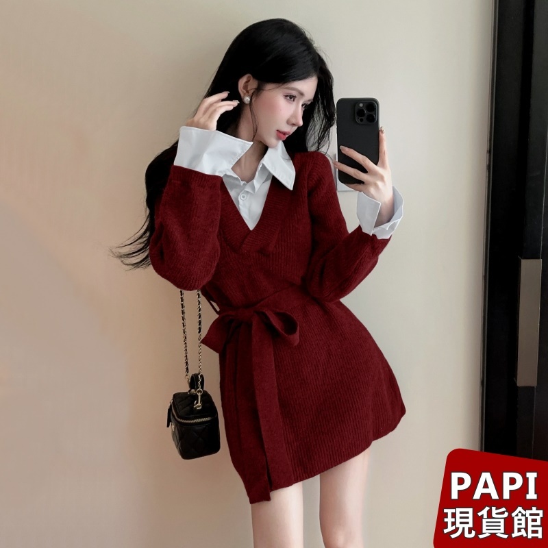 假兩件綁帶針織短洋【3101】PAPI女裝批發價秋冬新款韓系INS修身顯瘦氣質翻領長袖拼接連身洋裝 連身裙連衣裙 合身洋 | 蝦皮購物