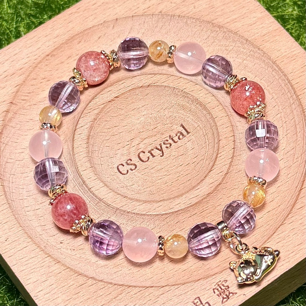 CS Crystal 編號966 新春開運系列 - 金太陽+透體紫水晶+水透體西柚粉晶+鈦晶設計款 | 蝦皮購物