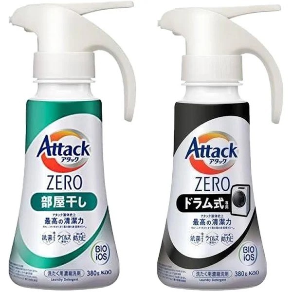 日本KAO花王 Attack ZERO超濃縮洗衣精 單手按壓式-綠色/室內曬乾用 380g 黑色/滾筒式洗衣機 380g | 蝦皮購物