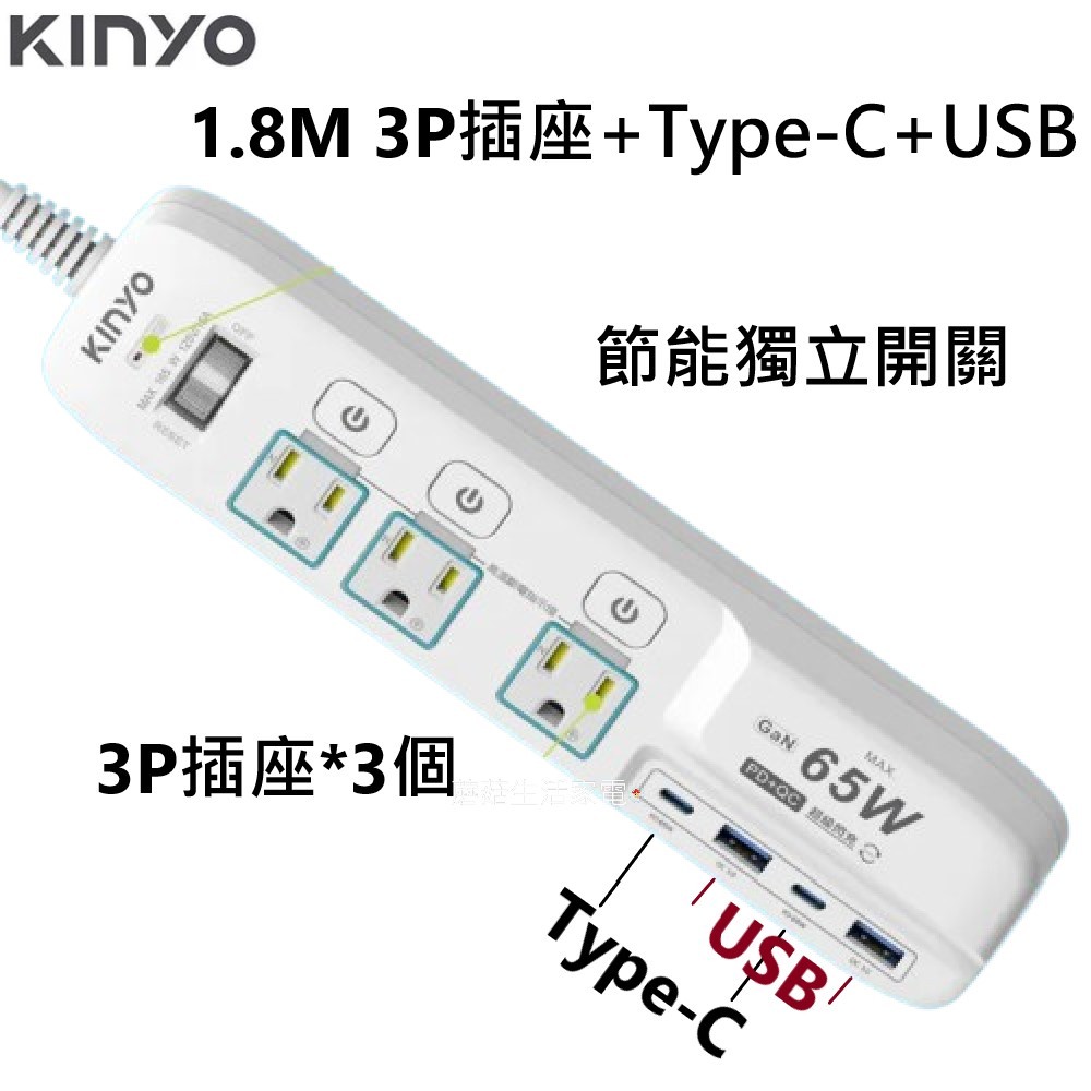 【KINYO】4開3插 2 PD快充 延長線 6呎 65W充電延長線 USB 獨立節能開關 TYPE C【蘑菇生活家電】 | 蝦皮購物