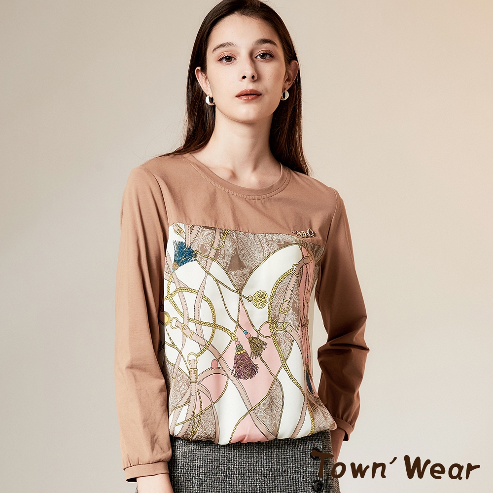 【TOWNWEAR棠葳】時尚巴洛克印花棉質上衣(中大尺碼/女上衣/圓領/拼接) | 蝦皮購物