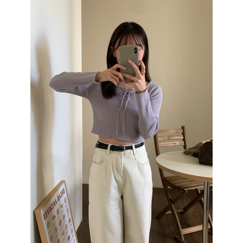 Mooyi-現貨｜蝴蝶結圓領坑紋上衣(4colors) | 蝦皮購物