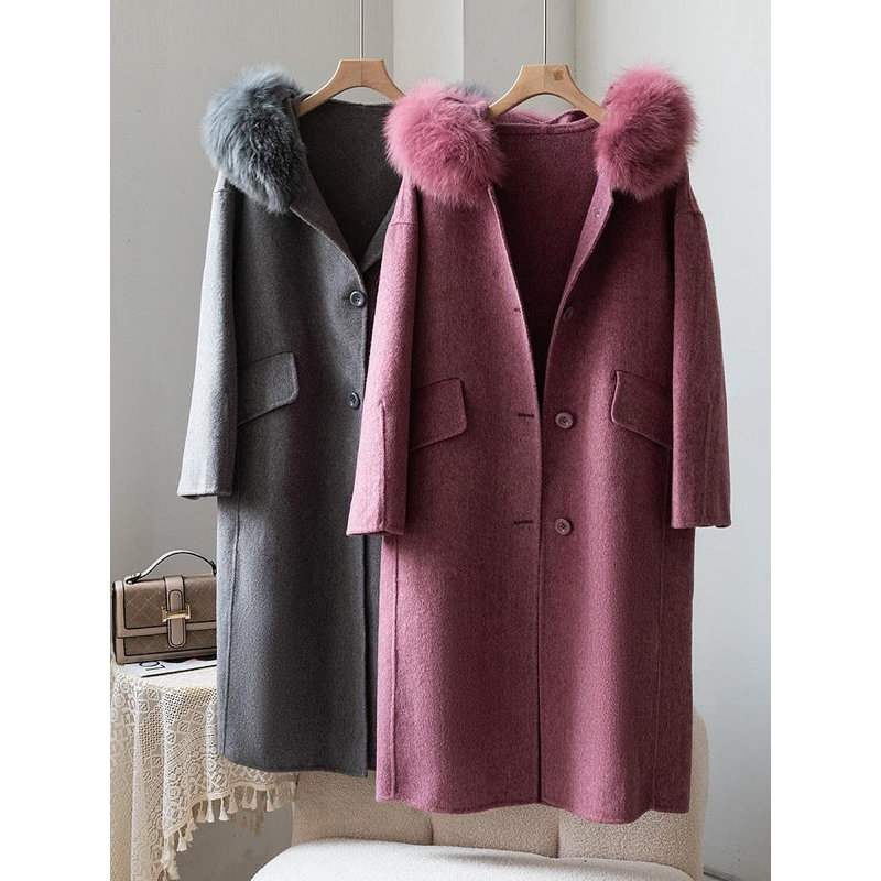 JULIA HUANG [特價!!奢貴蓬鬆狐狸毛領 100%羊毛雙面呢 中長款連帽大衣外套 ] | 蝦皮購物