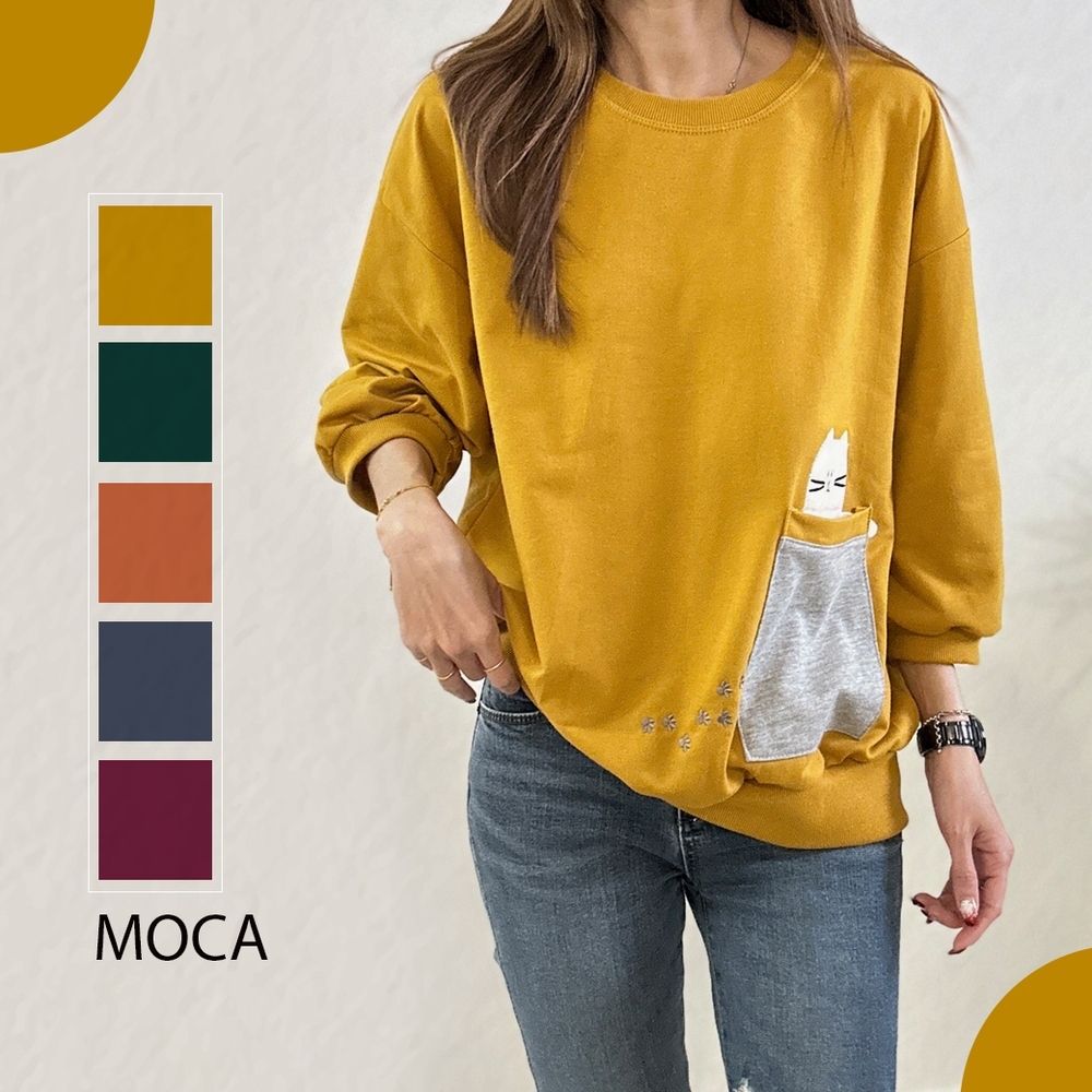【MOCA】現貨 減齡吸睛可愛貼繡貓咪T恤 小衛衣棉 寬鬆挺版 韓國版人氣圓領上衣（F2607） | 蝦皮購物
