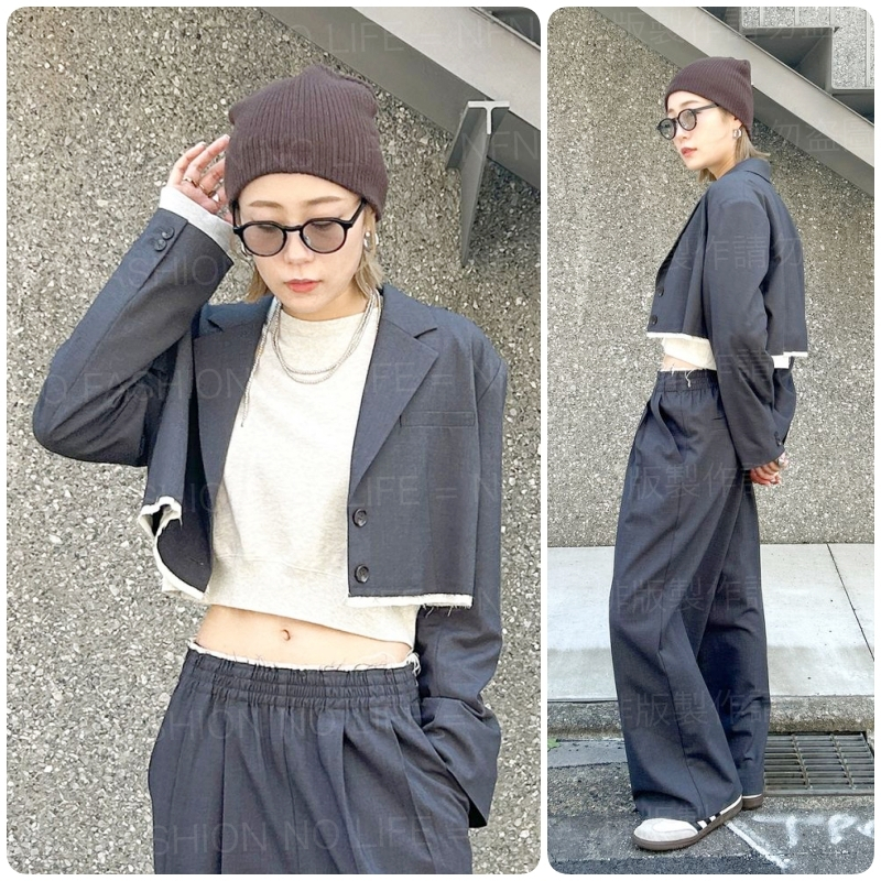 ☆NFNL☆ UNGRID 早秋目錄必收推薦 超時髦下擺抽鬚異素材拼接短版西裝外套/ 彈性腰圍打褶休閒西裝褲 | 蝦皮購物