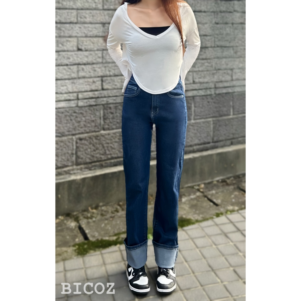 BICOZ｜顯瘦不貼腿!高腰反折牛仔寬褲 S~2L 【24606】拖地褲 寬褲 闊腿褲 落地褲 寬鬆 顯瘦 高腰 | 蝦皮購物