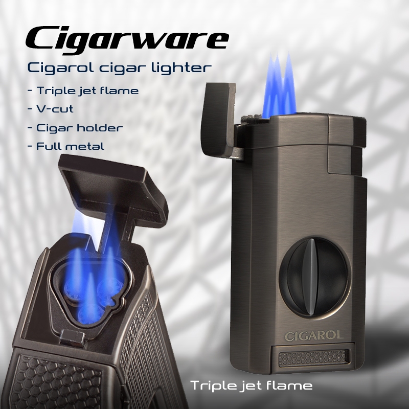 Cigarol 雪茄打火機 三直衝火焰 Cigarol V-cut 雪茄剪刀 雪茄托架 多功能 防風 槍灰色 台灣現貨 | 蝦皮購物