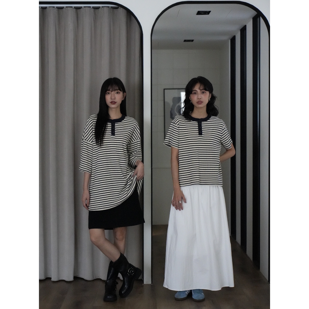 【SHOWROOM MADE】 設計心得 編織釦亨利領加厚橫條上衣 2size(現) | 蝦皮購物