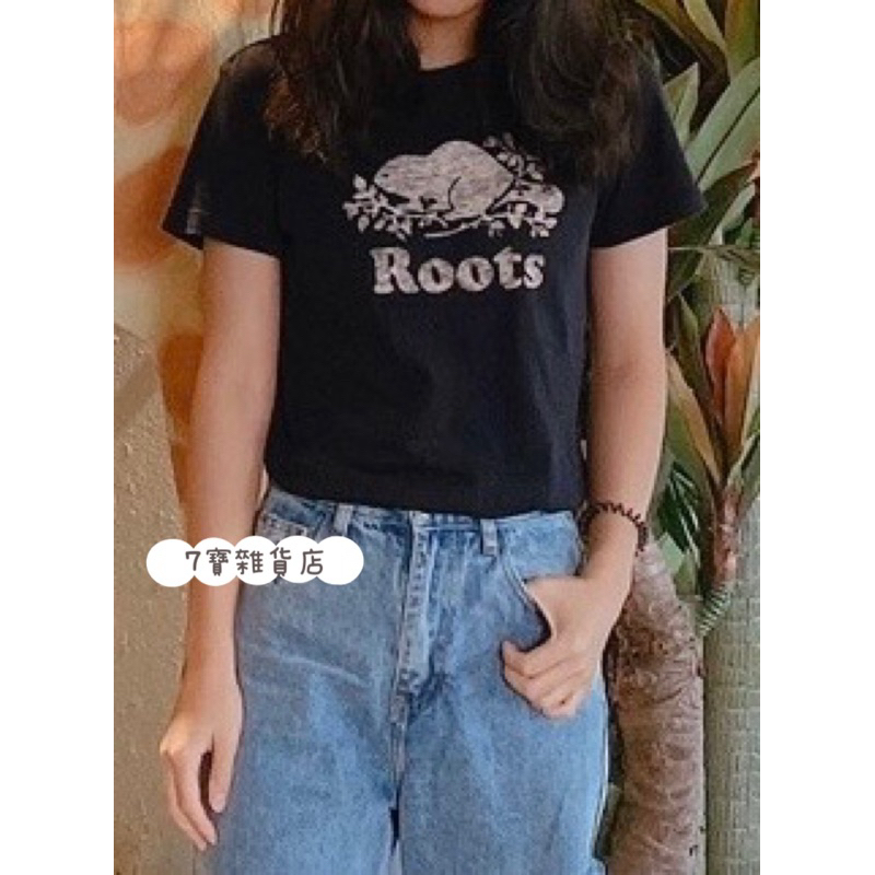 女版 Roots 黑色 圓領 短袖 T恤 經典 LOGO (XS號) | 蝦皮購物