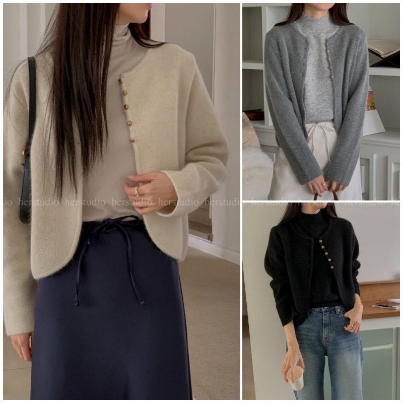 HERStudio韓國代購 推薦款!!小金釦圓弧設計開衫(3col) | 蝦皮購物