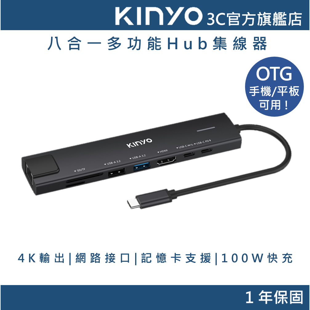【KINYO官方直營】 八合一多功能Hub集線器 (KCR) HDMI 4K OTG 1G乙太網路 | 蝦皮購物