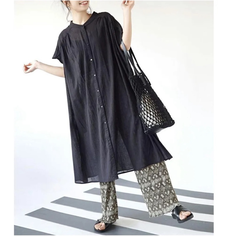 近全新，含運，日本 zootie ，100%棉，涼爽輕透長版短袖襯衫 罩衫，經典黑 | 蝦皮購物