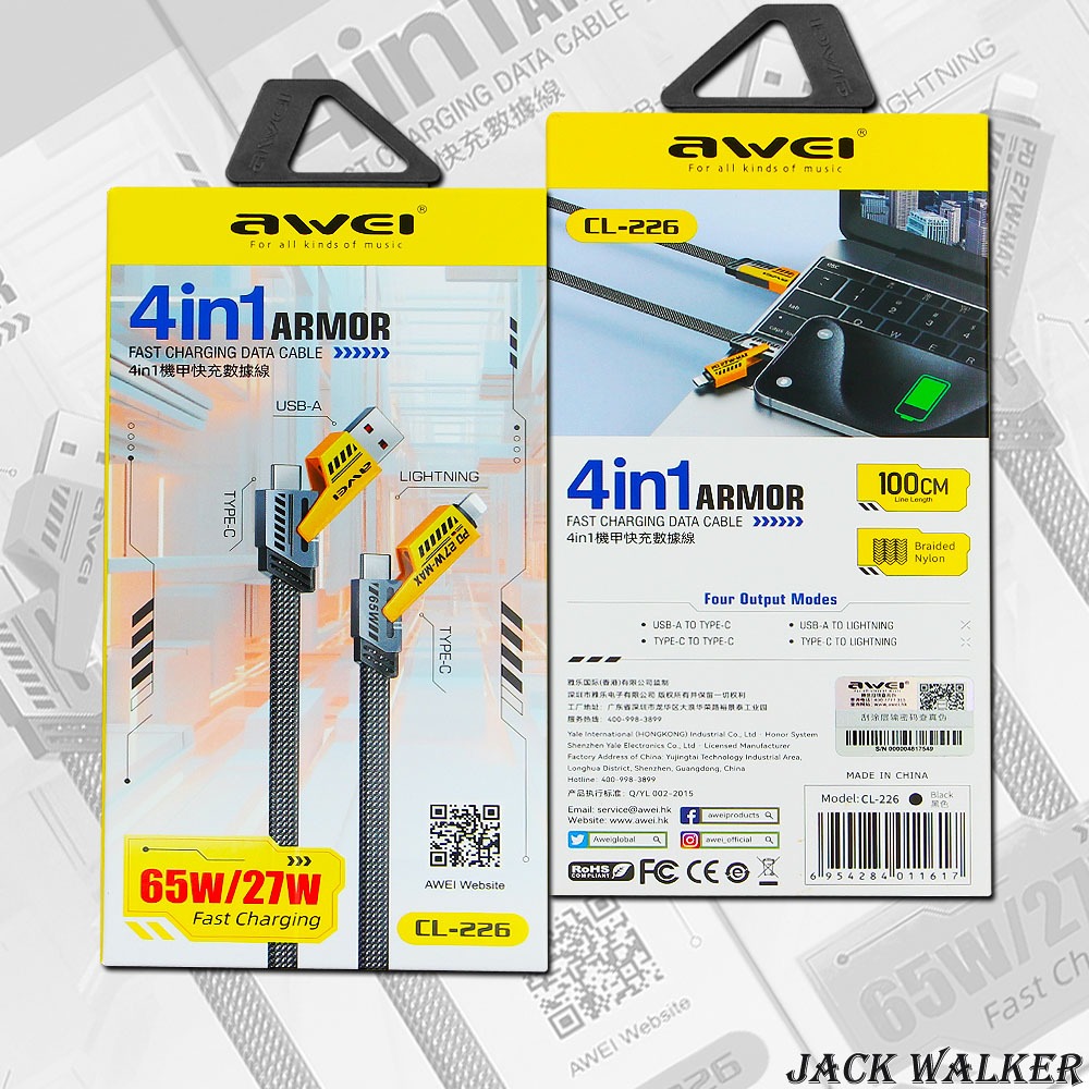 AWEI 4合1機甲快充線 65W 充電線 PD Type-C Lightning iPhone 編織傳輸線 CL226 | 蝦皮購物