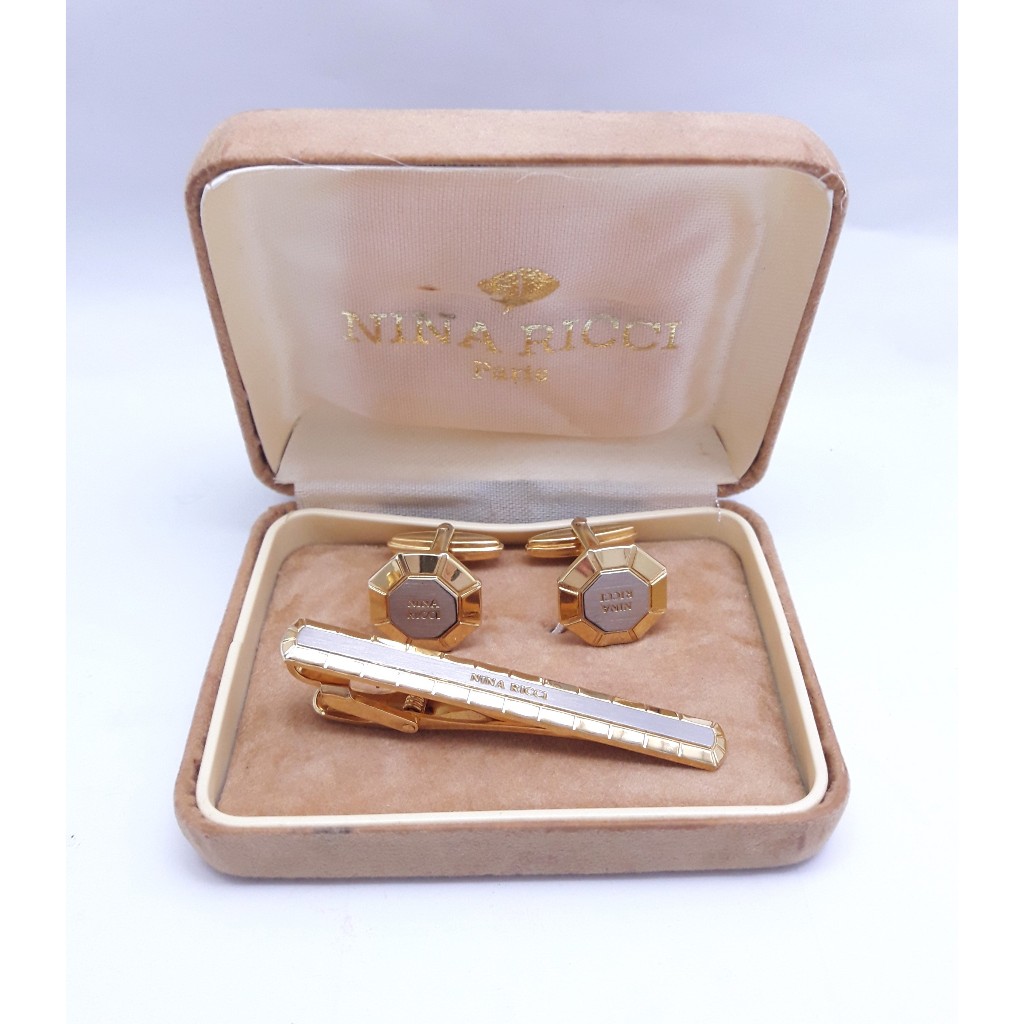 【Vivian 二手物】NINA RICCI 蓮娜麗姿金色領帶夾及八角形袖扣 | 蝦皮購物