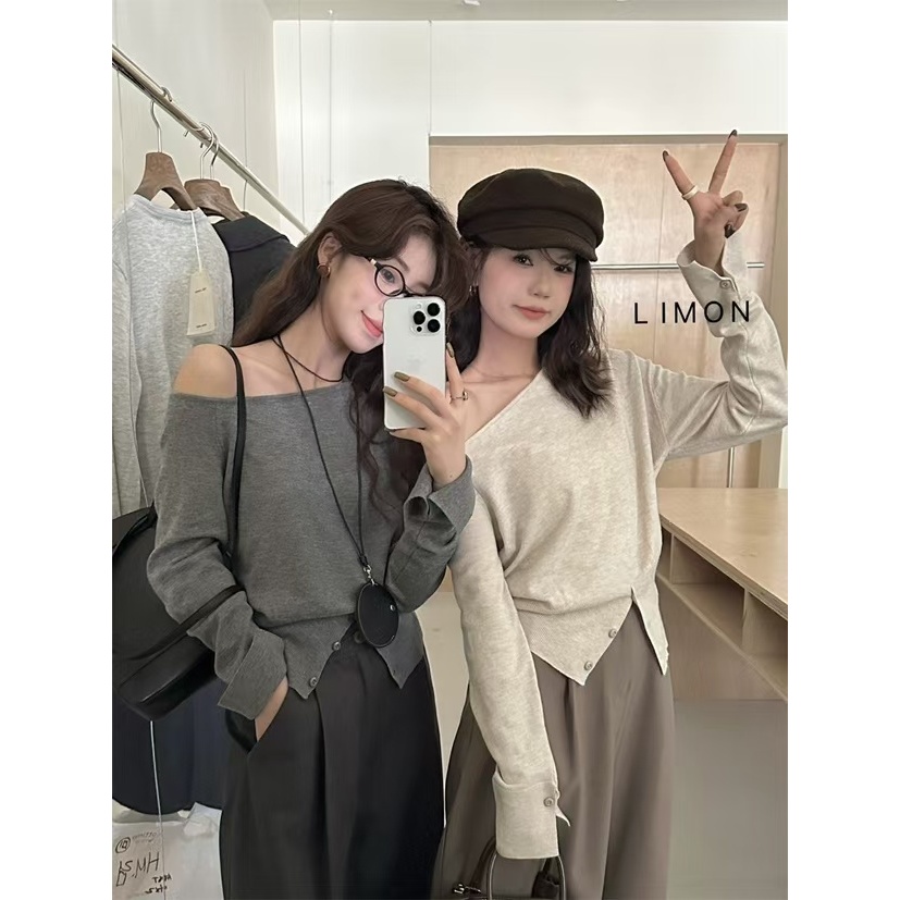 【太妮絲LE108】 現貨 檸檬家 斜肩 不規則 針織上衣 設計感 慵懶風 下擺開岔 純欲鎖骨 經典 | 蝦皮購物