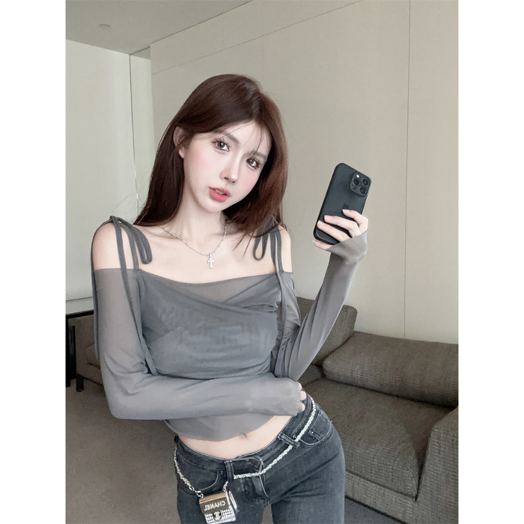 【太妮絲Q227】現貨 一字肩長袖T恤 透透上衣 紗網 綁帶 修身 短款上衣 性感 一字領 辣妹 | 蝦皮購物