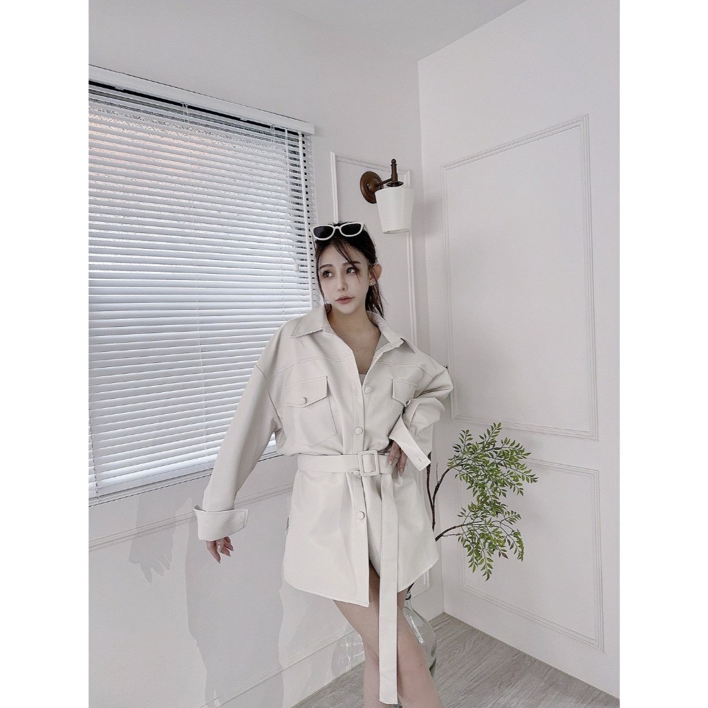 【Rina.space】韓系長版腰帶皮質襯衫外套/皮質外套/皮外套/可當洋裝或外套/必備款皮襯衫外套/百搭單品 | 蝦皮購物