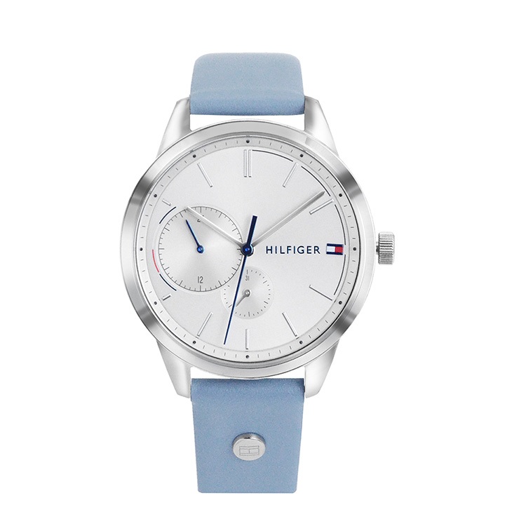Tommy Hilfiger 銀框 白面 兩眼日期顯示 水藍色皮革錶帶 38mm 手錶 女錶-1782023 | 蝦皮購物